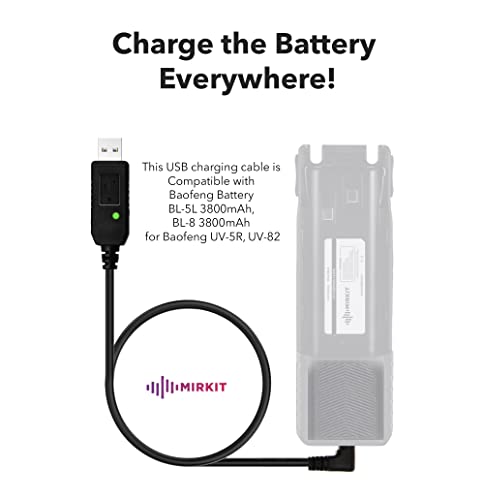 Mirkit 2.5mm USB Charger Cable with Light Indicator for Baofeng Battery UV-5R and UV-82 3800mAh BL-5L and BL-8 High Capacity Batteries for Two Way Radios