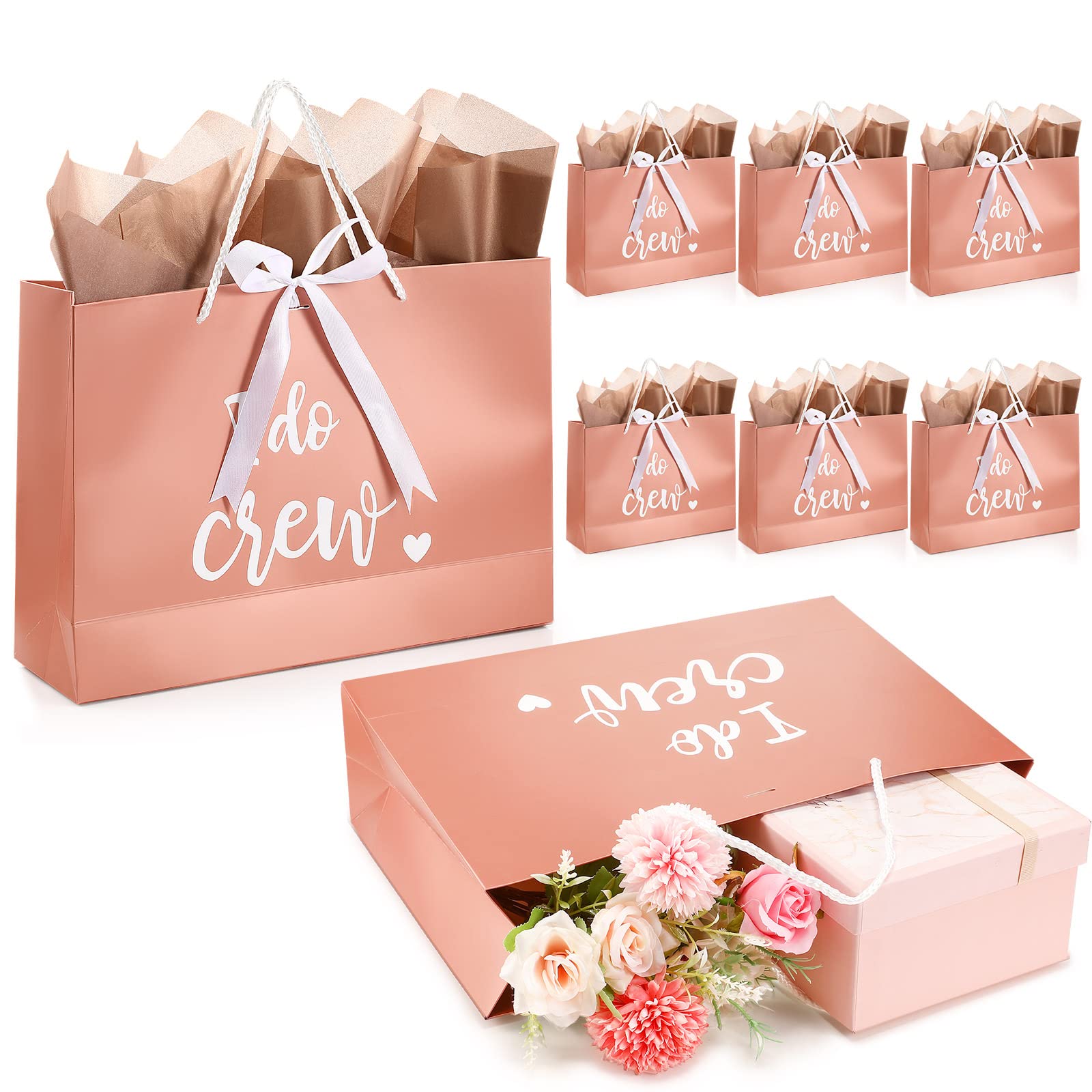 8 Pcs Bridesmaid Gift Bags I Do Crew Wedding Gifts Bags with Tissue Paper Ribbon for Wedding Day Bachelorette Party Bridal Party Favor Team Bride Bridal Shower Gift Bag, Rose Gold