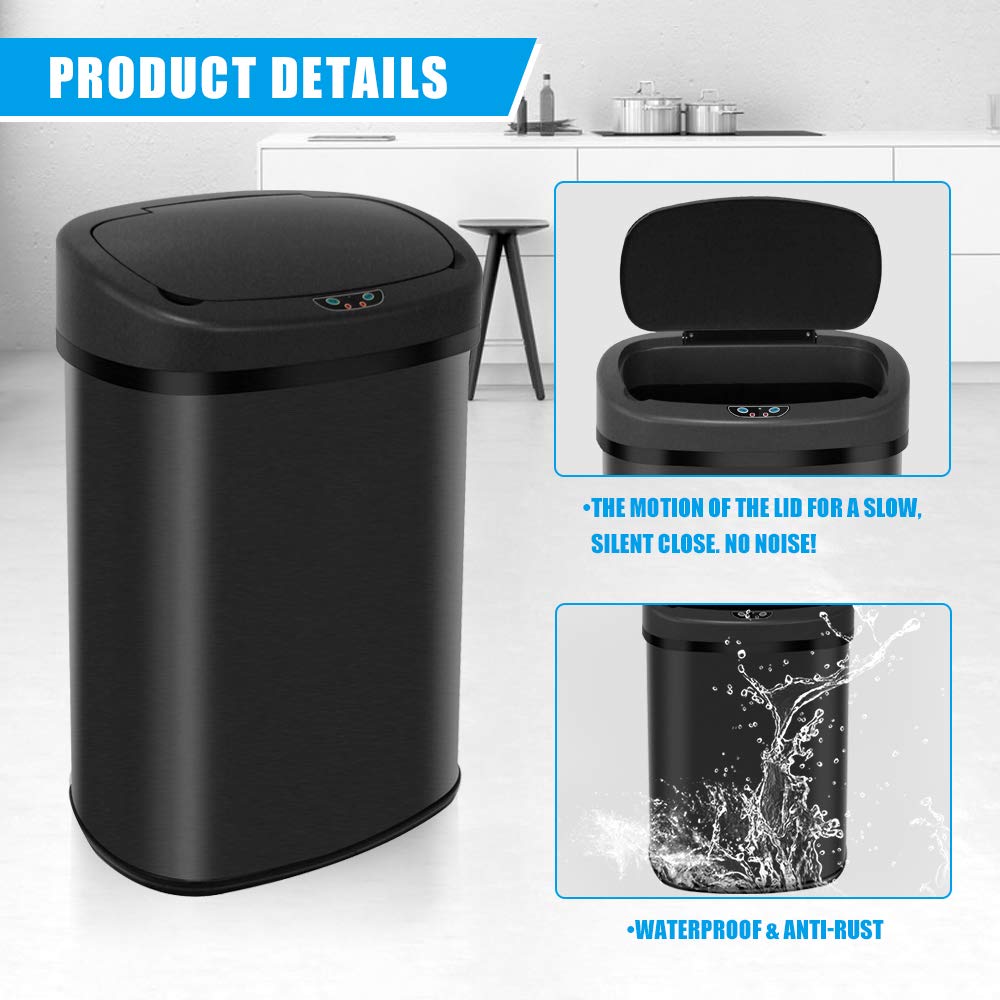 HGS 13 Gallons Trash Can Garbage Bin Stainless Steel Garbage Can Automatic Sensor Touch Free Waste Bins 50 L High-Capacity for Bathroom Bedroom Home Office, Black
