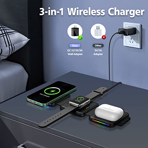Wireless Charger 3 in 1,Magnetic Foldable 3 in 1 Charging Station,Fast Wireless Charging Dock,Compatible with iPhone 14/Pro/Max/Plus/13/12 Series,AirPods 3/2/Pro,iWatch(with Adapter)