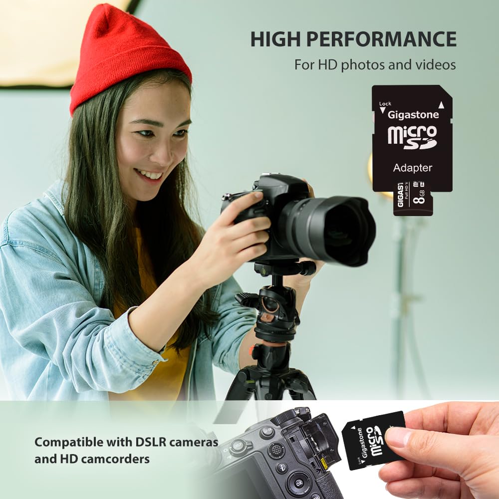 Gigastone 8GB Memory Card Pack of 5 Cards, High Read Speed up to 80MB/s. Ideal for Portable Full HD Video, U1 C10 Micro SDHC UHS-I Card with 2 Mini Cases and 1 SD Adapter.