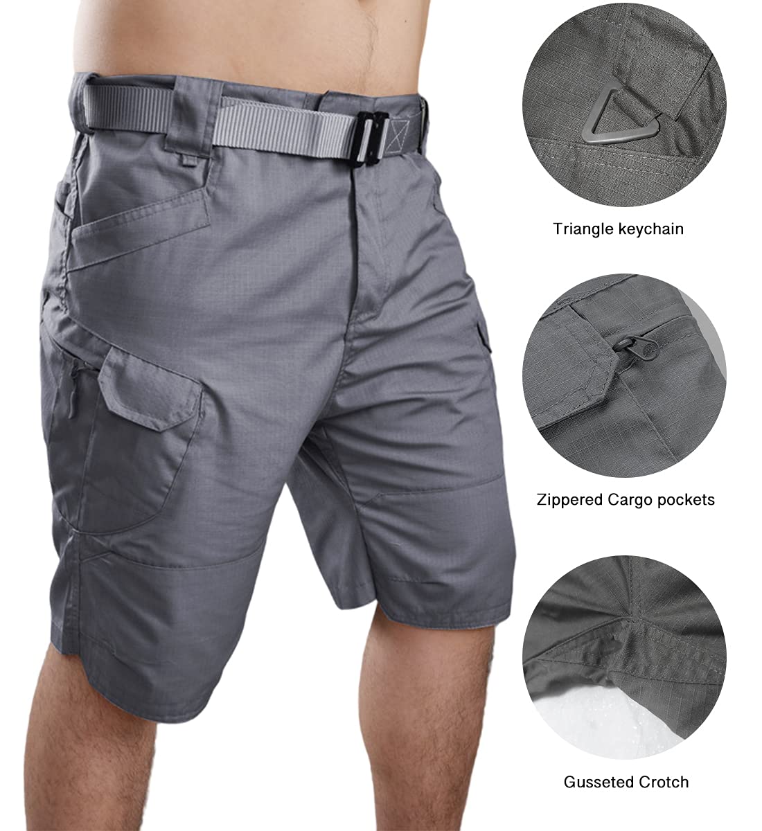 YAXHWIV Mens Tactical Shorts 11" Waterproof Hiking Fishing Breathable Quick Dry Cargo Short Shorts Regular(NO Belt) Grey