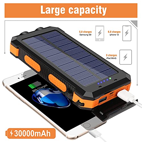 Solar Charger 30000mAh, Portable Solar Power Bank External USB Battery Pack with LED Flashlight, Waterproof Solar Phone Charger for Outdoor Camping Travel, Compatible with Cell Phones and Tablet