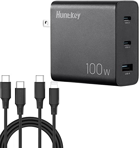 Huntkey 100W USB C Charger 3-Port GaN PD Fast Power Adapter USB C Wall Charger Block for MacBook Pro/Air, Dell XPS, iPad, iPhone 14/14 Pro /13/13 Pro, Galaxy S22/S21, Pixel and More(2Pack Cable)