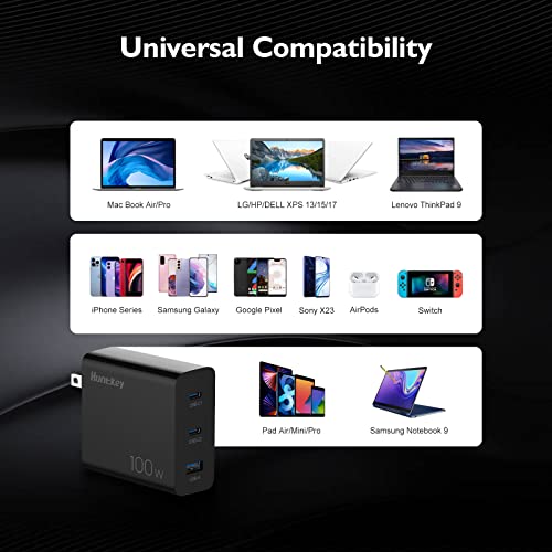 Huntkey 100W USB C Charger 3-Port GaN PD Fast Power Adapter USB C Wall Charger Block for MacBook Pro/Air, Dell XPS, iPad, iPhone 14/14 Pro /13/13 Pro, Galaxy S22/S21, Pixel and More(2Pack Cable)