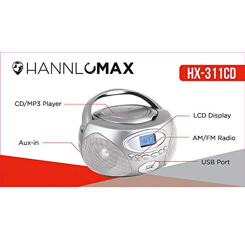HANNLOMAX HX-311CD Portable CD/MP3 Boombox, PLL AM/FM Radio, USB Port for MP3 Playback, Aux-in, LCD Display, AC/DC Power Source (Silver)