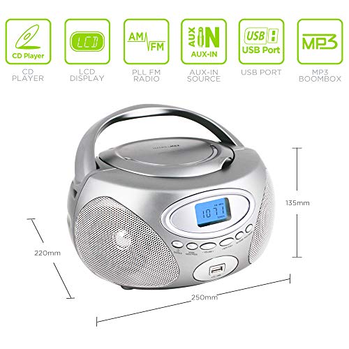 HANNLOMAX HX-311CD Portable CD/MP3 Boombox, PLL AM/FM Radio, USB Port for MP3 Playback, Aux-in, LCD Display, AC/DC Power Source (Silver)