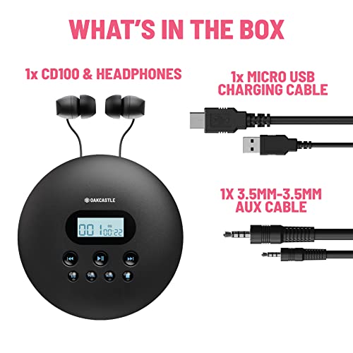 Oakcastle CD100 Rechargeable Bluetooth CD Player | 12hr Portable Playtime | in Car Compatible Personal CD Player | Headphones Included, AUX Output, Anti-Skip Protection, Custom EQ Modes, CD Walkman