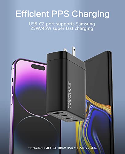 100W USB C Wall Charger,GaN III 4-Port PPS PD Fast Charging Station,GOLDNEXT Foldable Power Block with Type C Cable Compatible with MacBook Pro/Air,XPS,iPad Pro,iPhone14/13 Max,Galaxy S22/S21,Pixel 7