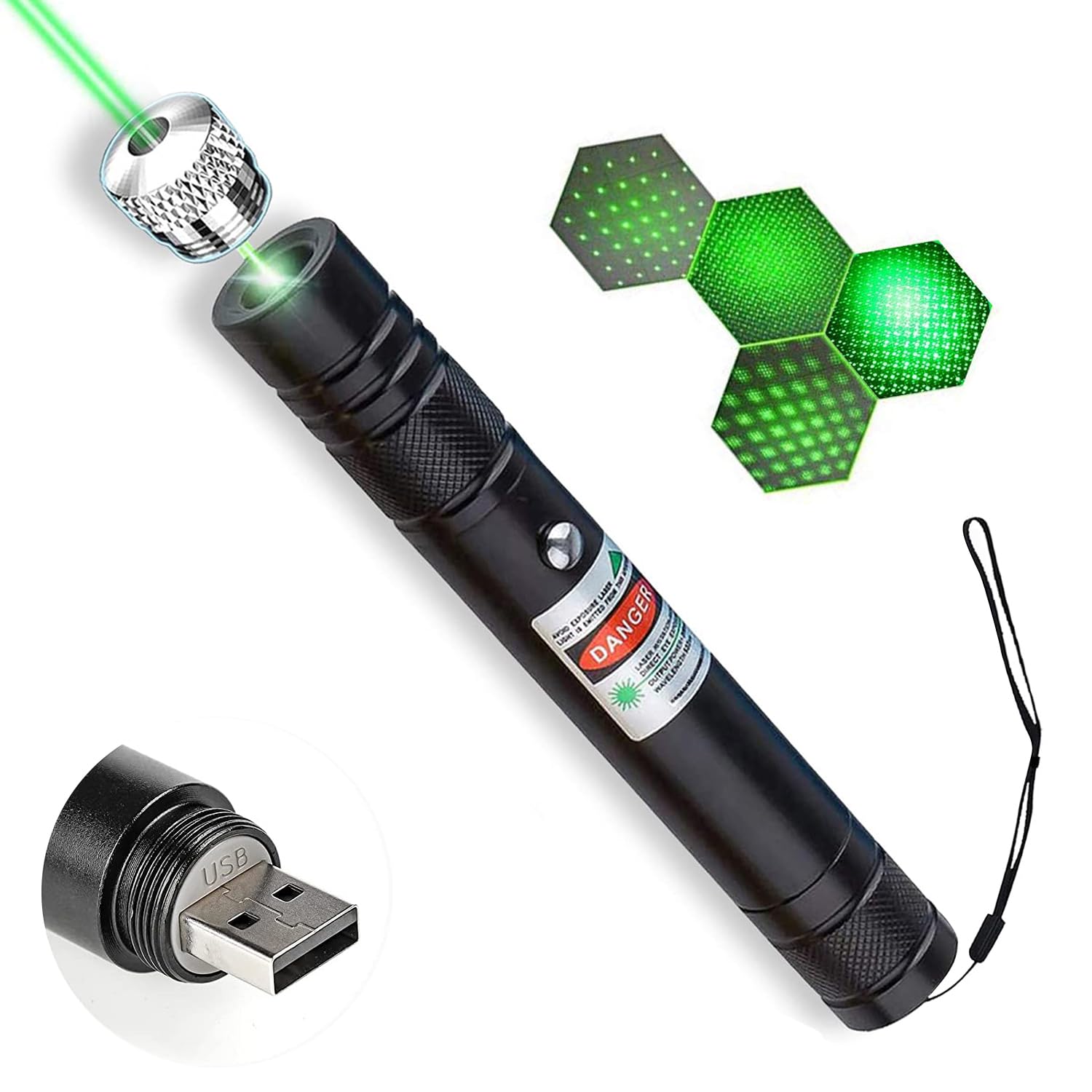 Cyahvtl Laser Pointer, 2000 Metres Green Long Range High Power Handheld Flashlight, Rechargeable Laser Pointer for USB, with Star Cap Adjustable Focus Suitable for Projecto