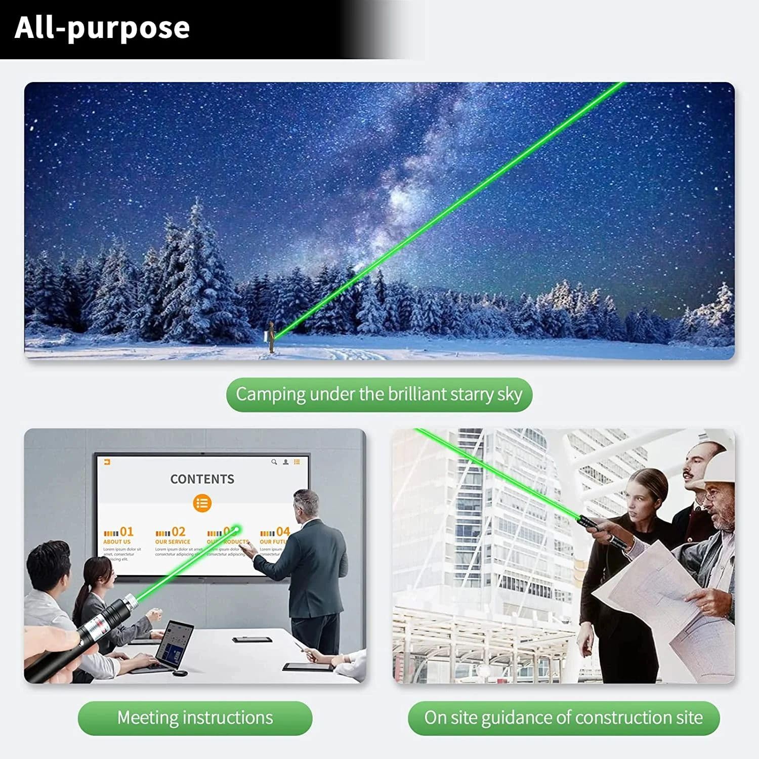 Cyahvtl Laser Pointer, 2000 Metres Green Long Range High Power Handheld Flashlight, Rechargeable Laser Pointer for USB, with Star Cap Adjustable Focus Suitable for Projecto