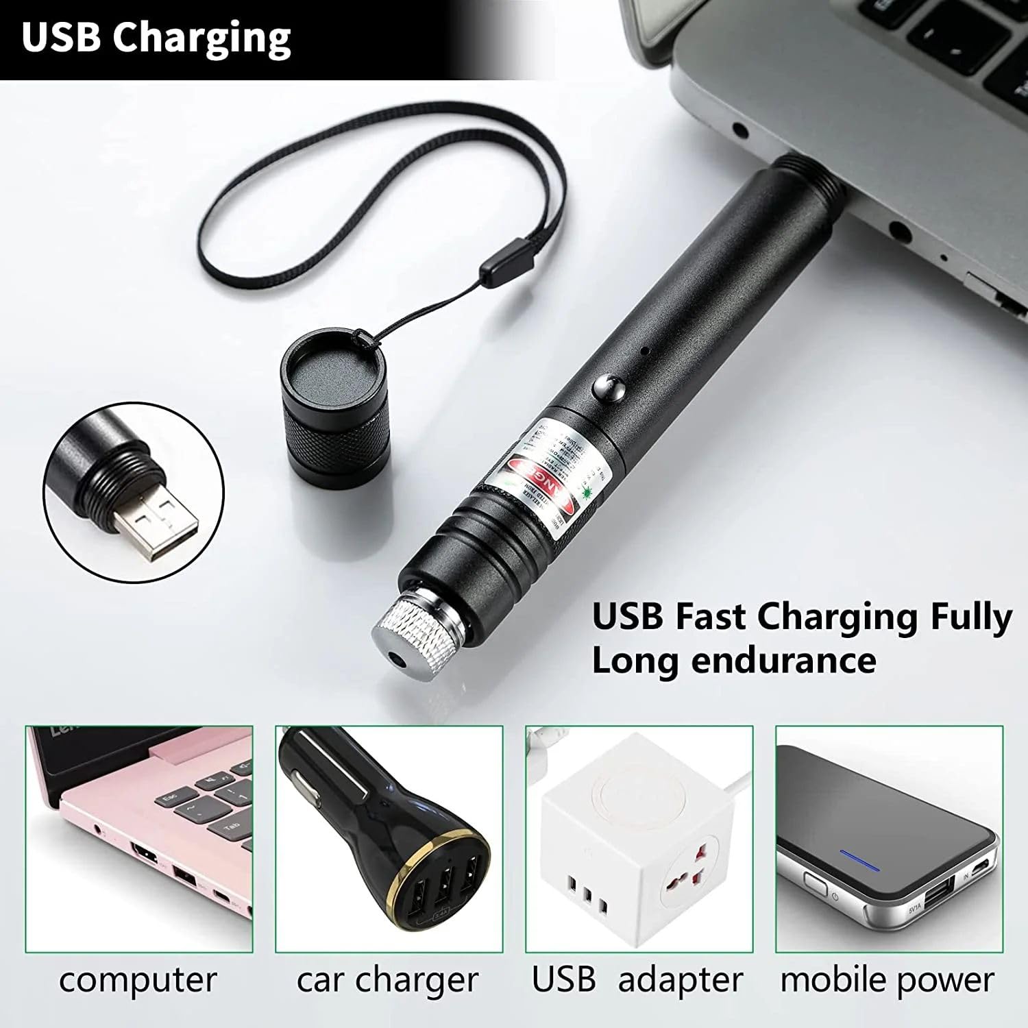 Cyahvtl Laser Pointer, 2000 Metres Green Long Range High Power Handheld Flashlight, Rechargeable Laser Pointer for USB, with Star Cap Adjustable Focus Suitable for Projecto
