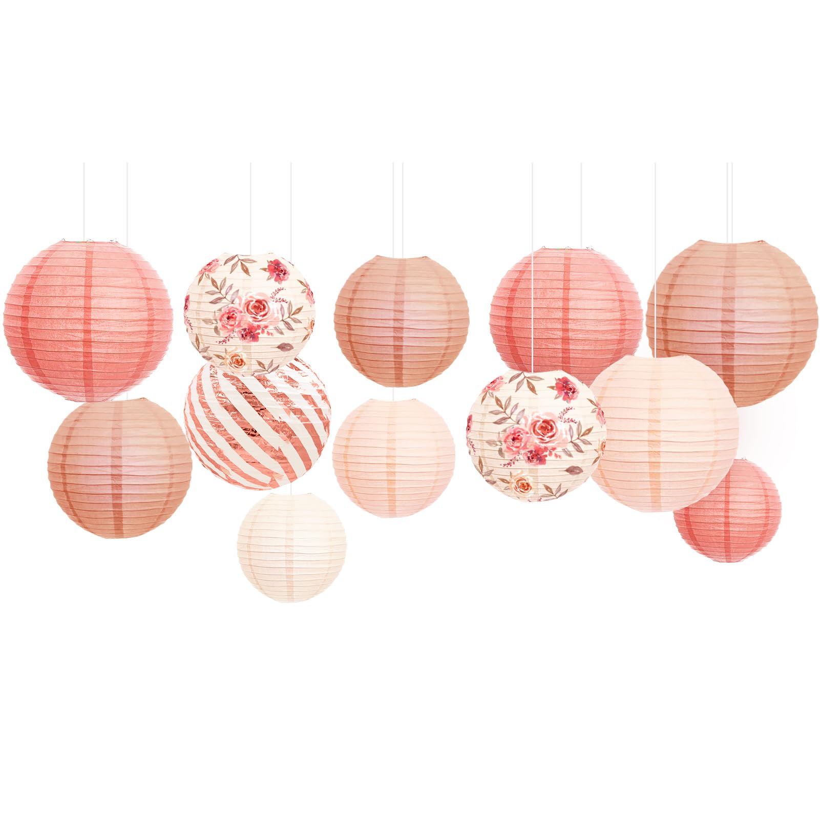 NICROLANDEE Wedding Party Decorations - 12PCS Rose Gold Vintage Floral Paper Lanterns Hanging Decorations for Engagement, Anniversary, Bridal Shower, Baby Shower, Bachelorette, Birthday Party