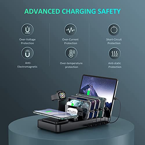 Getop Updated 8 in 1 Wireless Charging Station for Multiple Devices, Charging Dock with AirPods iWatch Charger Stand, 10W Wireless Charger and 9 Short Mixed Cables for iPhone/iPad/Tablets-Matt Black
