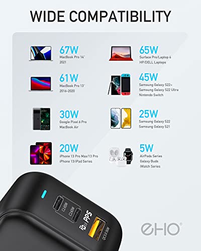 USB C Charger, EHO 65W GaN III PPS Fast Charger Adapter, 3-Port Foldable Compact Wall Charger Compatible with MacBook Pro/Air, Galaxy S22/S21, Note 20/10+, iPhone 13/12, iPad Pro, and More, Black