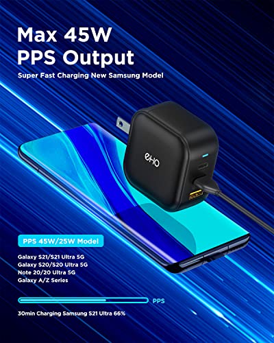 USB C Charger, EHO 65W GaN III PPS Fast Charger Adapter, 3-Port Foldable Compact Wall Charger Compatible with MacBook Pro/Air, Galaxy S22/S21, Note 20/10+, iPhone 13/12, iPad Pro, and More, Black