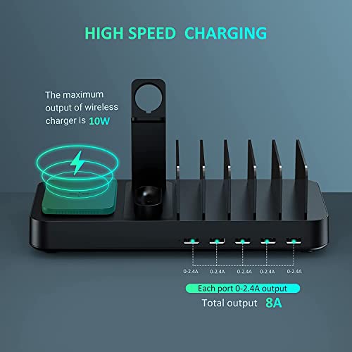 Getop Updated 8 in 1 Wireless Charging Station for Multiple Devices, Charging Dock with AirPods iWatch Charger Stand, 10W Wireless Charger and 9 Short Mixed Cables for iPhone/iPad/Tablets-Matt Black