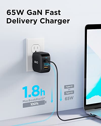 USB C Charger, EHO 65W GaN III PPS Fast Charger Adapter, 3-Port Foldable Compact Wall Charger Compatible with MacBook Pro/Air, Galaxy S22/S21, Note 20/10+, iPhone 13/12, iPad Pro, and More, Black