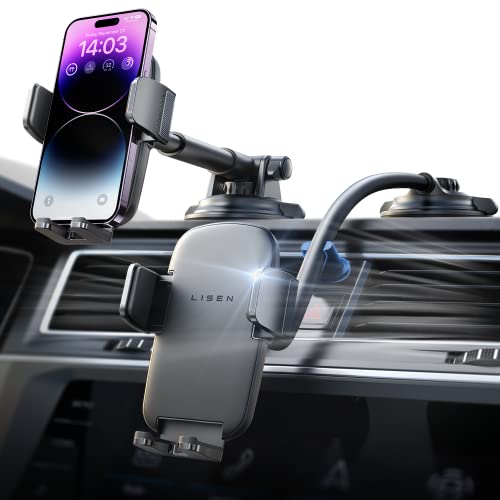 LISEN Phone Holder for Car [Anti-Slip & Anti-Scratch] Universal Long Arm Car Phone Holder Mount Dashboard Windshield Strong Suction Car Phone Holder Mount for iPhone 14 13 Pro S22 S21 & All