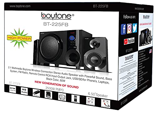 Boytone BT-225FB Wireless Bluetooth Stereo Audio Speaker with Powerful Sound, Bass System, Excellent Clear Sound & FM Radio, Remote Control, Aux-in Port, USB/SD/for Phone's, Laptops, Black, 60w