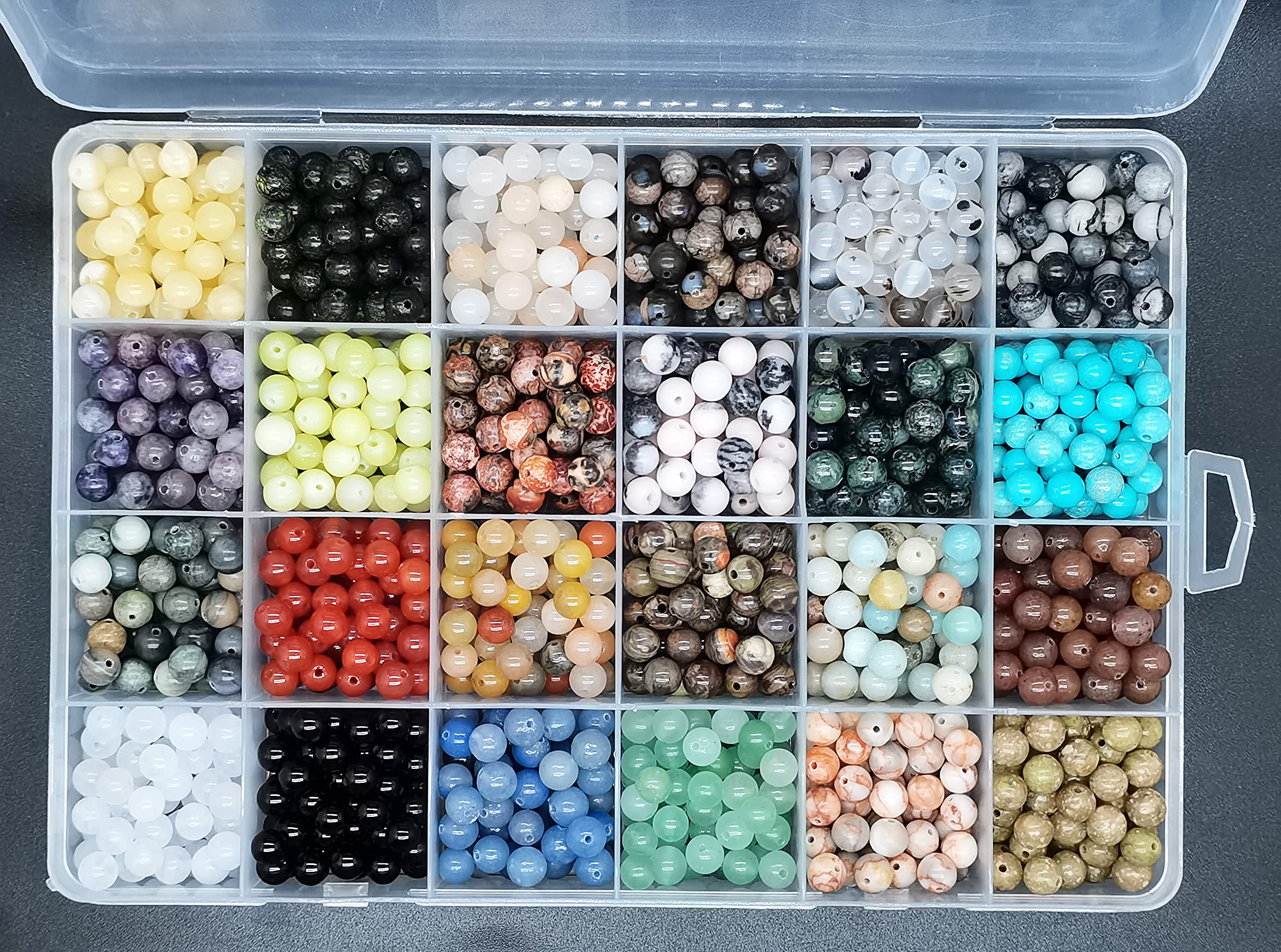 1200pcs 6mm Natural Round Stone Beads Real Gemstone Beading Loose Gemstone Hole Size 1mm DIY Smooth Beads for Bracelet Necklace Earrings Jewelry Making,Box Packed(24 Material -A,6mm)