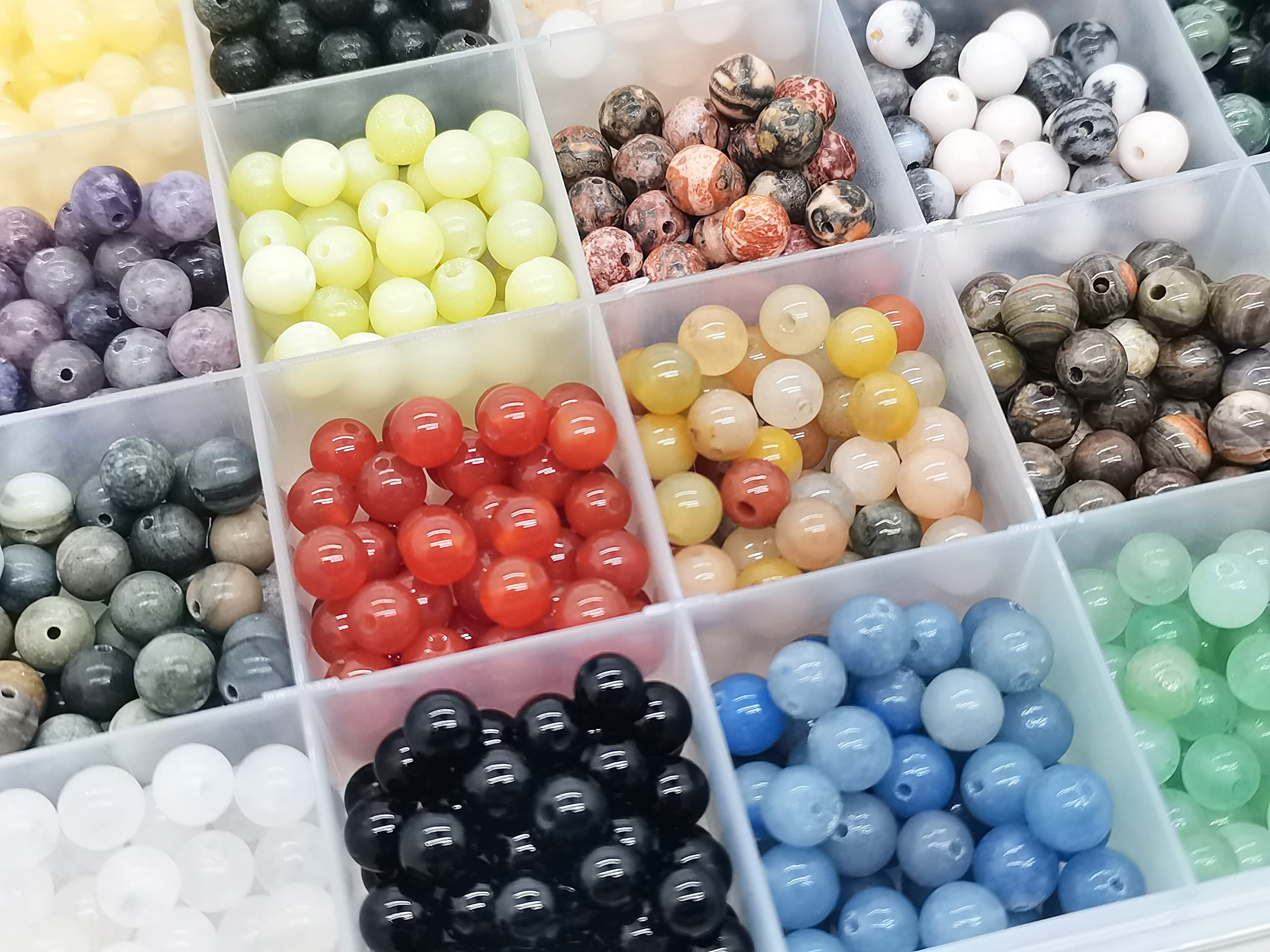 1200pcs 6mm Natural Round Stone Beads Real Gemstone Beading Loose Gemstone Hole Size 1mm DIY Smooth Beads for Bracelet Necklace Earrings Jewelry Making,Box Packed(24 Material -A,6mm)