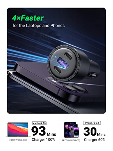 UGREEN 69W USB C Car Charger, PD 65W&PD 20W&SCP 22.5W/QC 18W Type C Car Charger Fast Charging, Car Charger Adapter Compatible with iPhone 14/13/12/11/iPad/Mac Book, Galaxy S23/S22/S21/S20/S10/Note 20