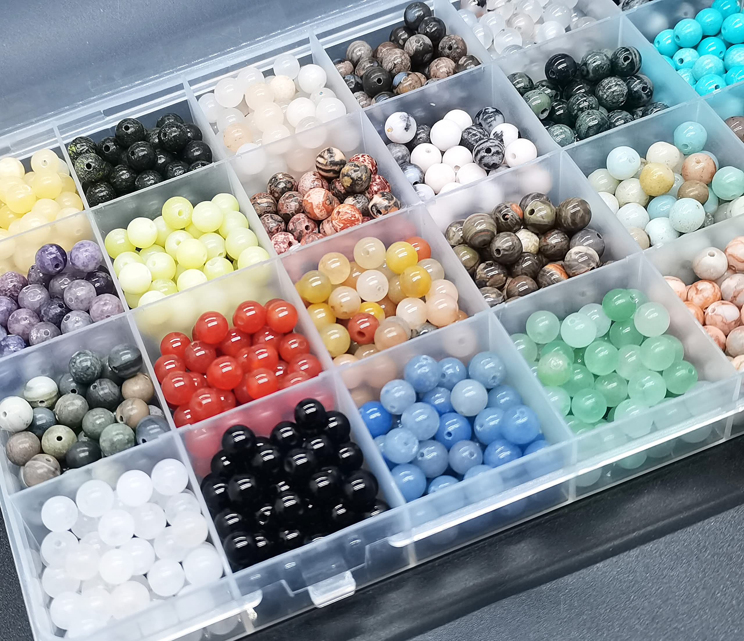 1200pcs 6mm Natural Round Stone Beads Real Gemstone Beading Loose Gemstone Hole Size 1mm DIY Smooth Beads for Bracelet Necklace Earrings Jewelry Making,Box Packed(24 Material -A,6mm)