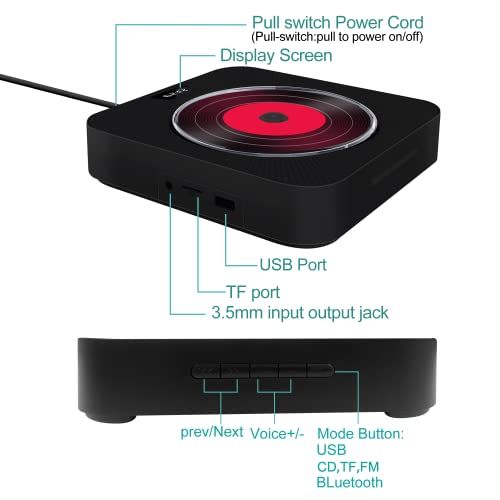 Portable Bluetooth CD Player,Wall Mountable CD Player for Home with Remote Control Dust Cover LCD Display Built-in HiFi Speakers FM Radio,Support CD/MP3/USB/TF/AUX Input Output (Black)