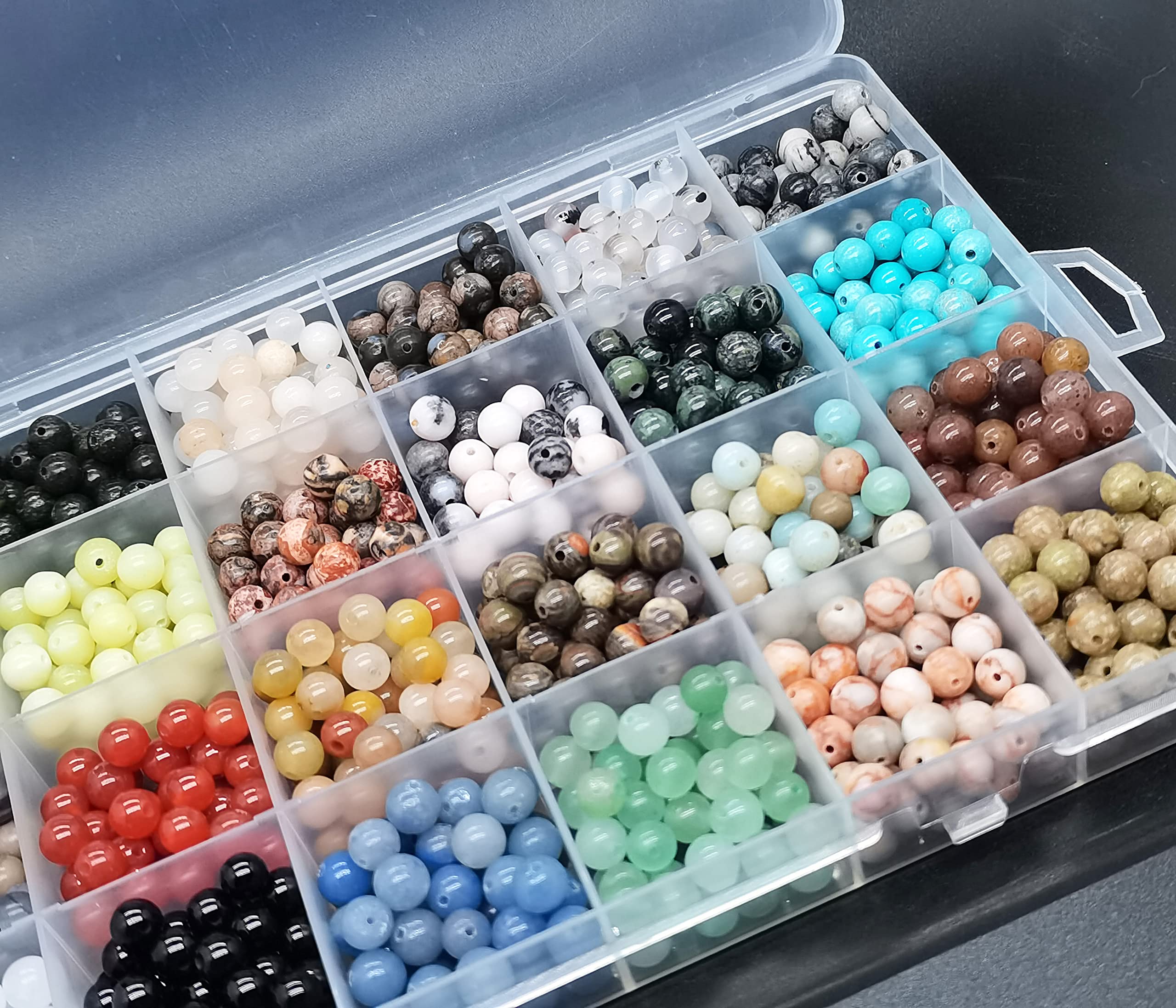 1200pcs 6mm Natural Round Stone Beads Real Gemstone Beading Loose Gemstone Hole Size 1mm DIY Smooth Beads for Bracelet Necklace Earrings Jewelry Making,Box Packed(24 Material -A,6mm)