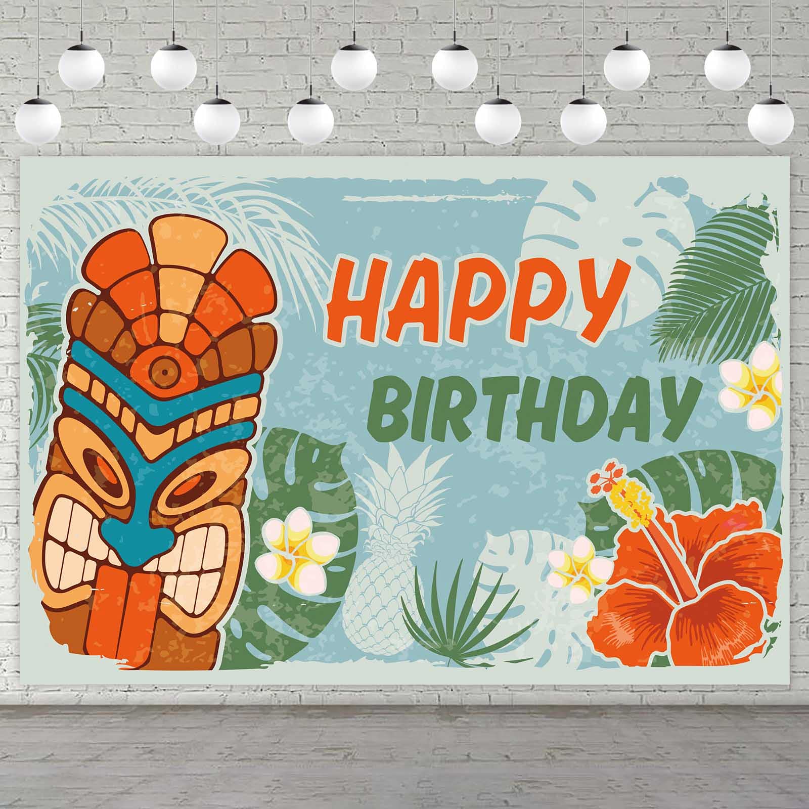 Happy Birthday Banner Backdrop Hawaii Aloha Totem Palm Tree Leaves Theme Decor for Tiki Bar Hawaiian Luau Summer Party Baby Shower Carnival Flag Decorations Favors Supplies Photography