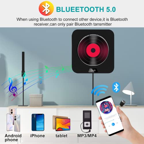 Portable Bluetooth CD Player,Wall Mountable CD Player for Home with Remote Control Dust Cover LCD Display Built-in HiFi Speakers FM Radio,Support CD/MP3/USB/TF/AUX Input Output (Black)