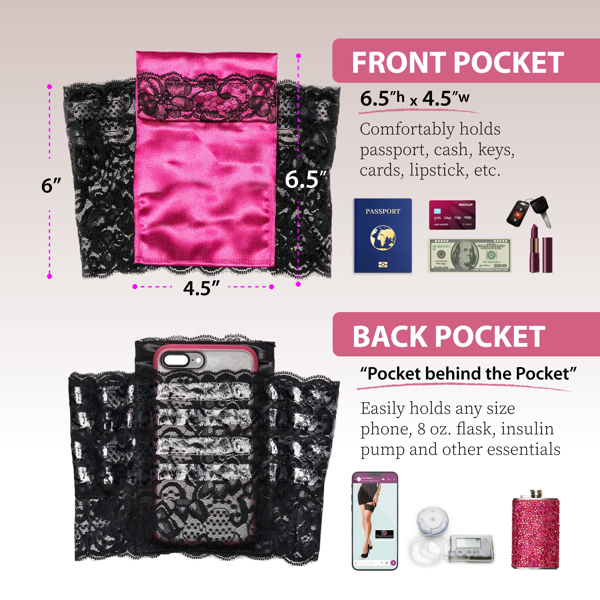 Stashbandz Thigh Bag Garter Purse, French Lace Wallet and Flask Holder, Stays Put Silicone Grip, 2 Ample Secured Pockets, Holds Any Size Phone, Money, Passport, & More