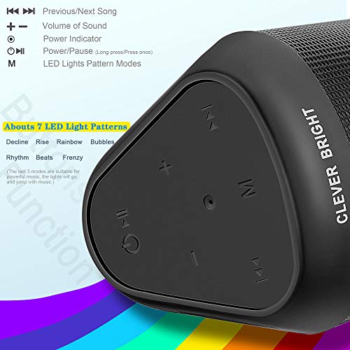 CLEVER BRIGHT Portable Wireless Bluetooth Speakers 7 LED Lights Patterns Wireless Speaker V5.0 Hi-Fi Bass Powerful Sound Built-in Microphone, HandsFree, Audio-Auxiliary,Valentines Day Gifts