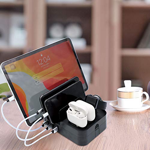 Charging Station for Multiple Devices 6 Port 30W MUZHI Fast Multi USB Charger Station Dock HUB Desktop Wall Charge Stand Organizer for iPad iPhone Airpods iwatch Kindle Tablet Smart Cell Phones Black
