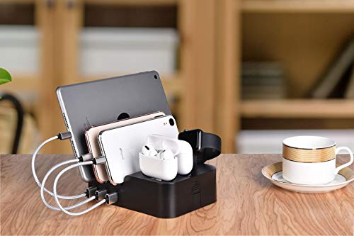 Charging Station for Multiple Devices 6 Port 30W MUZHI Fast Multi USB Charger Station Dock HUB Desktop Wall Charge Stand Organizer for iPad iPhone Airpods iwatch Kindle Tablet Smart Cell Phones Black
