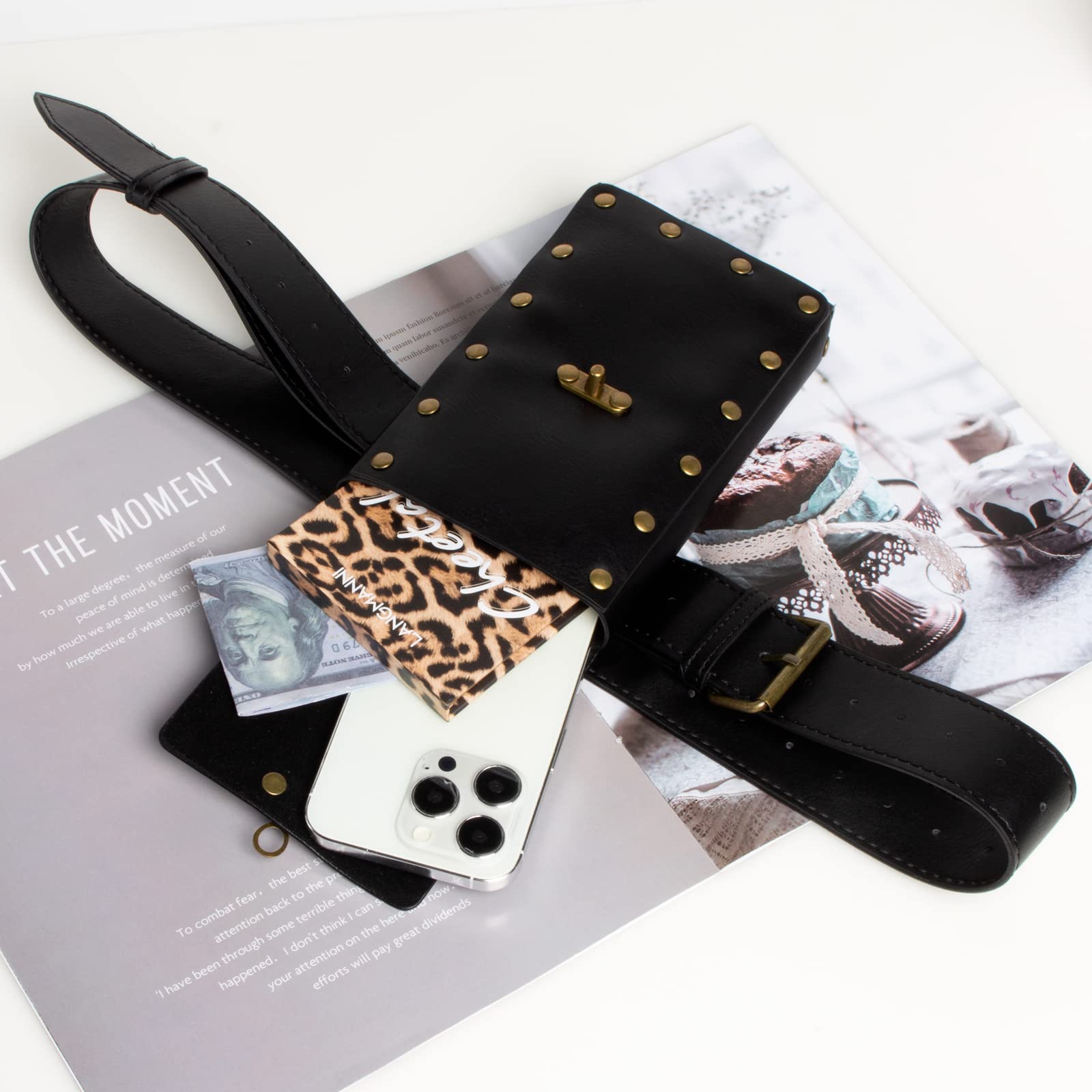 SUMGOGO Retro Belt Pouch Waist Bag Womens Fanny Pack Cellphone Holder Steampunk Medieval Renaissance Purse Costume Accessory (Black)