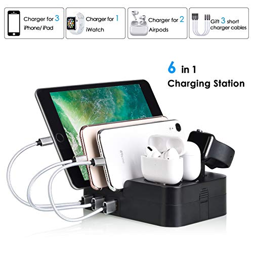 Charging Station for Multiple Devices 6 Port 30W MUZHI Fast Multi USB Charger Station Dock HUB Desktop Wall Charge Stand Organizer for iPad iPhone Airpods iwatch Kindle Tablet Smart Cell Phones Black