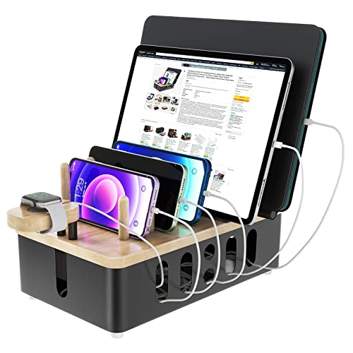 Metal Charging Station for Multiple Devices,New Upgrade Wood Charging Station for Phone Tablet Smart Watch Holder Desk OrganizersοΌMatte Black Dock Device Organizer