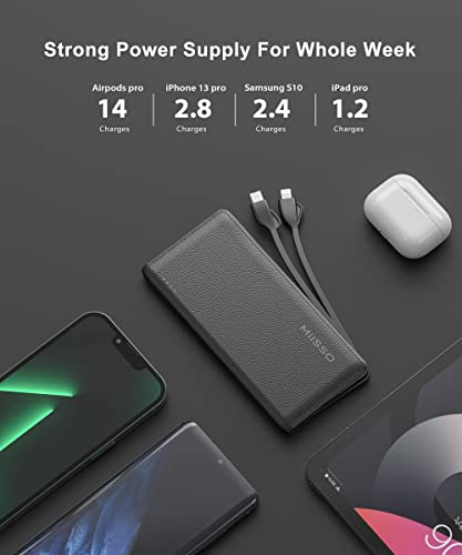 Portable Phone Charger Power Bank 10000mAh Built in Cables Slim Battery Pack USB C Fast Charging External Backup Battery Compact Travel Charger With Cords for iPhone 14/13/12/11/XS/XR/8/7/6,Samsung