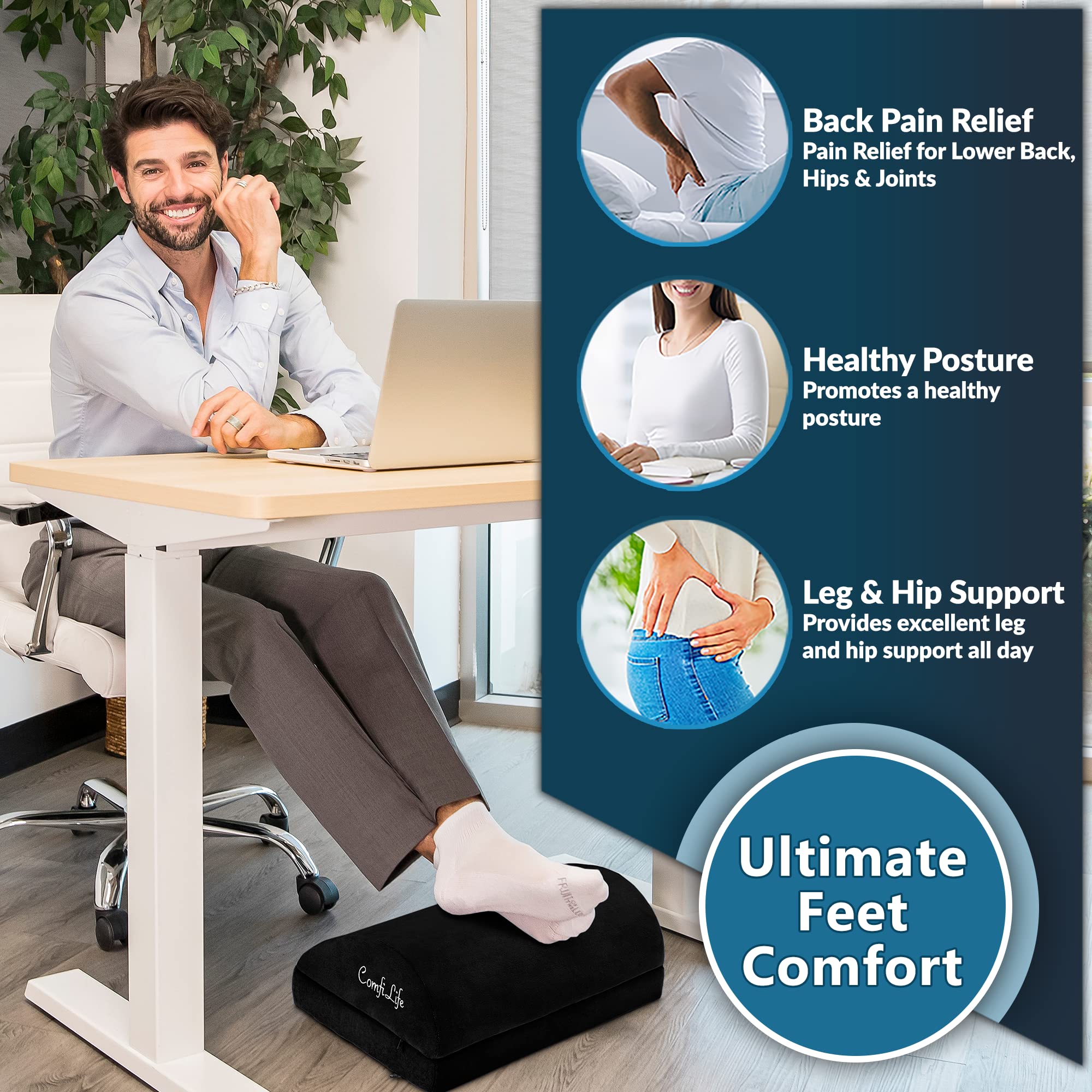 ComfiLife Foot Rest for Under Desk at Work β Adjustable Desk Foot Rest for Office Chair, Gaming β Ergonomic Teardrop Design for Back, Hip & Leg Pain Relief β 100% Memory Foam (Black)