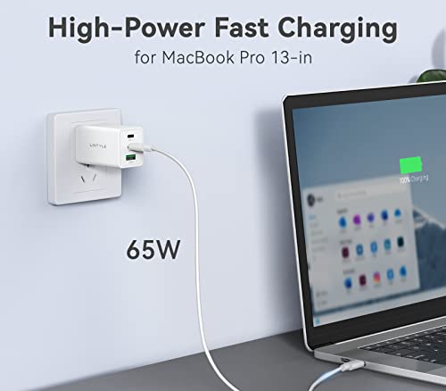 LINTYLE 65W USB C Charger 3-Port GaN Wall Charger Mini USB C USB A Charger Block Foldable Fast USB Type-C Charger Phone Laptop Tablet Charger Power Adapter - White