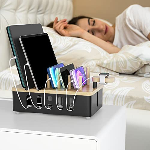Metal Charging Station for Multiple Devices,New Upgrade Wood Charging Station for Phone Tablet Smart Watch Holder Desk Organizers,Matte Black Dock Device Organizer