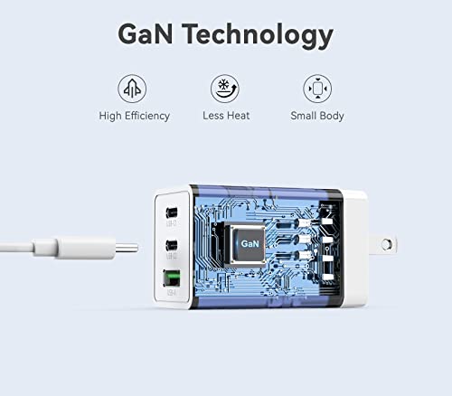 LINTYLE 65W USB C Charger 3-Port GaN Wall Charger Mini USB C USB A Charger Block Foldable Fast USB Type-C Charger Phone Laptop Tablet Charger Power Adapter - White
