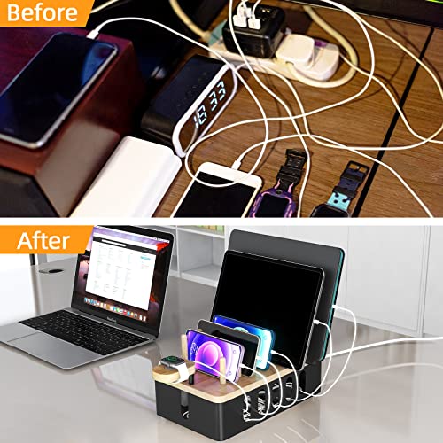 Metal Charging Station for Multiple Devices,New Upgrade Wood Charging Station for Phone Tablet Smart Watch Holder Desk Organizers,Matte Black Dock Device Organizer