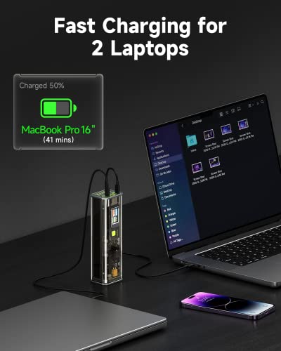 Haycide Portable Phone Charger for iPhone 14/13, 20000mAh Laptop Power Bank with 155W Output,3 Port USB C See-Through Battery Bank with IPS Digital Display for MacBook,iPad,iPhone,Samsung,Dell etc