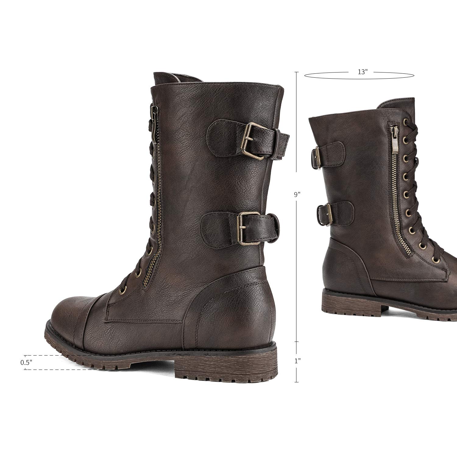 DREAM PAIRS Women's Combat Boots, Mid Calf Built-in Wallet Pocket Lace up Military Ankle Booties,Size 9.5,Brown,TERRAN