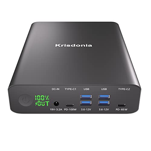 Krisdonia Portable Charger, PD 100W USB C Power Bank 64000mAh Fast Charging External Battery Pack with Dual USB-C PD (100W&65W) & 4 USB-A (QC3.0 18W) for Type-C Laptops, MacBook Pros, XPS, iPad Pro