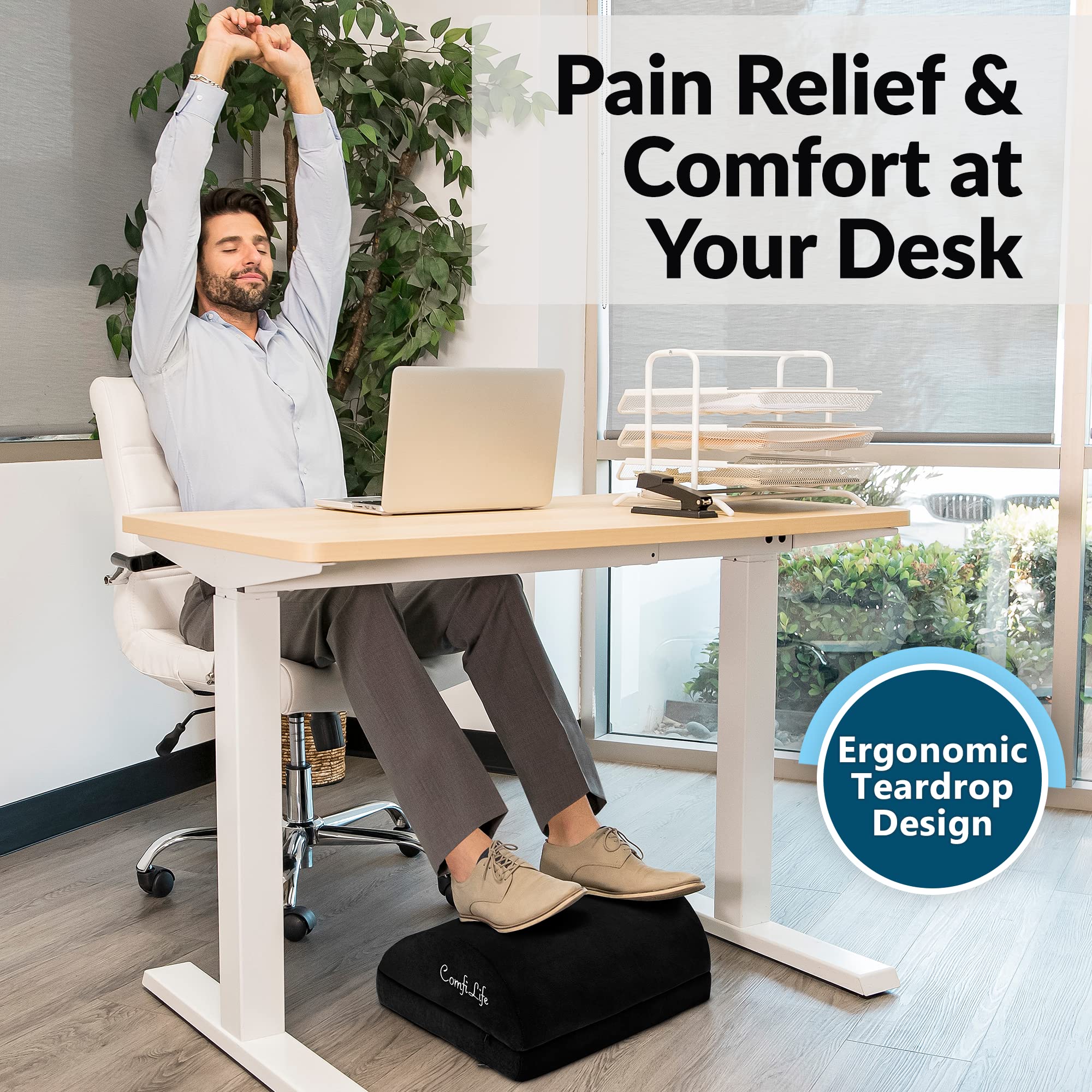 ComfiLife Foot Rest for Under Desk at Work β Adjustable Desk Foot Rest for Office Chair, Gaming β Ergonomic Teardrop Design for Back, Hip & Leg Pain Relief β 100% Memory Foam (Black)