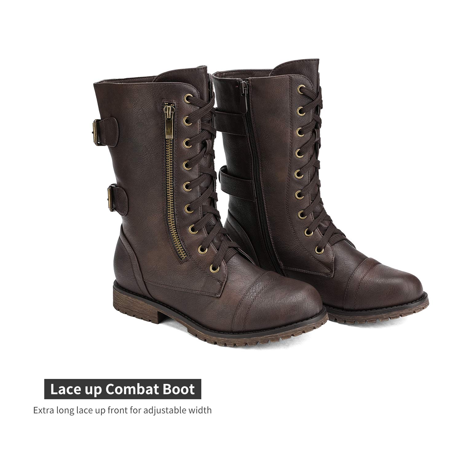 DREAM PAIRS Women's Combat Boots, Mid Calf Built-in Wallet Pocket Lace up Military Ankle Booties,Size 9.5,Brown,TERRAN